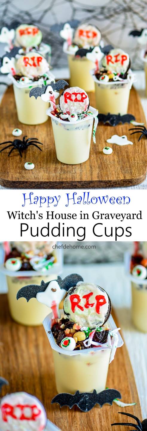 Witch House in Graveyard - Halloween Pudding Cups Recipe | ChefDeHome.com