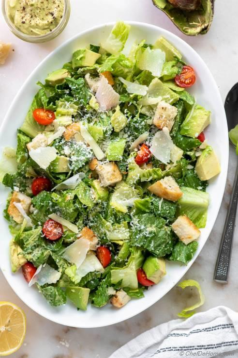 Avocado Caesar Salad with Avocado Caesar Dressing Recipe | ChefDeHome.com