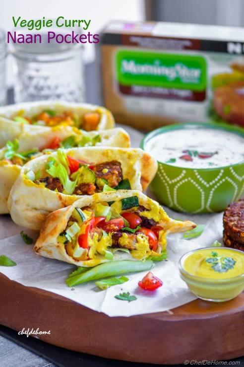 Spicy Veggie Curry Naan Pockets with Grape Raita Recipe | ChefDeHome.com