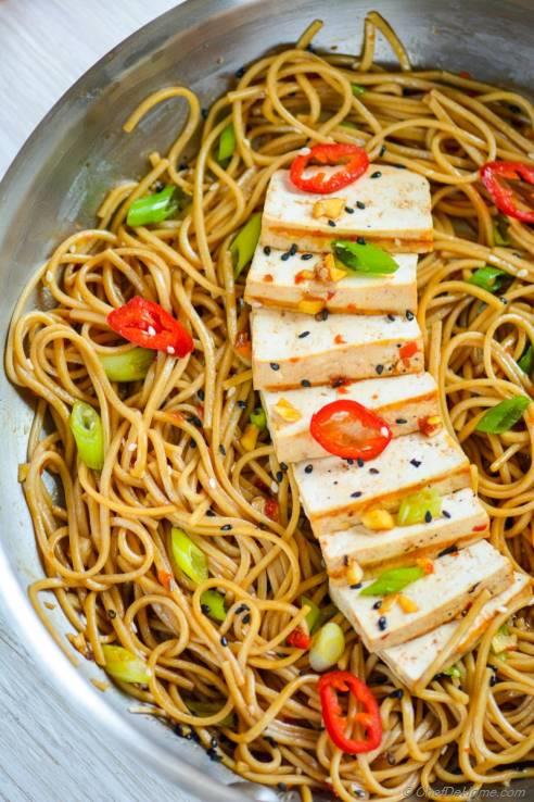 Sesame Chili Garlic Noodles with Grilled Tofu Recipe | ChefDeHome.com