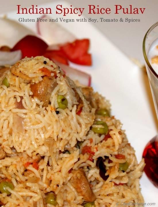 Indian Spicy Rice Pulav with Soy Nuggets, Tomatoes and Spices Recipe ...