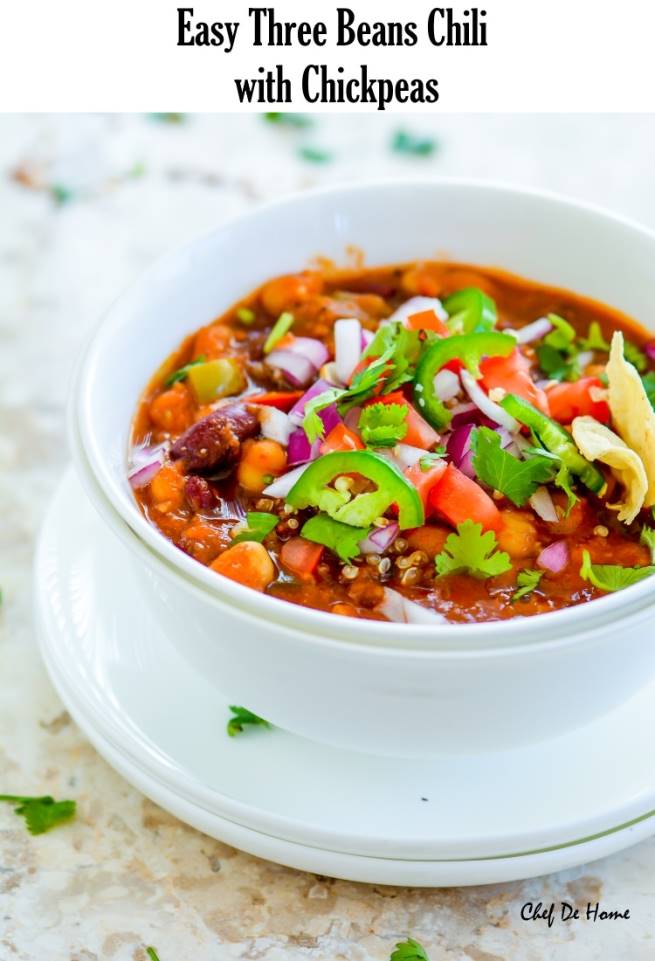 Easy Vegetarian Three Beans Chili with Chickpeas Recipe | ChefDeHome.com