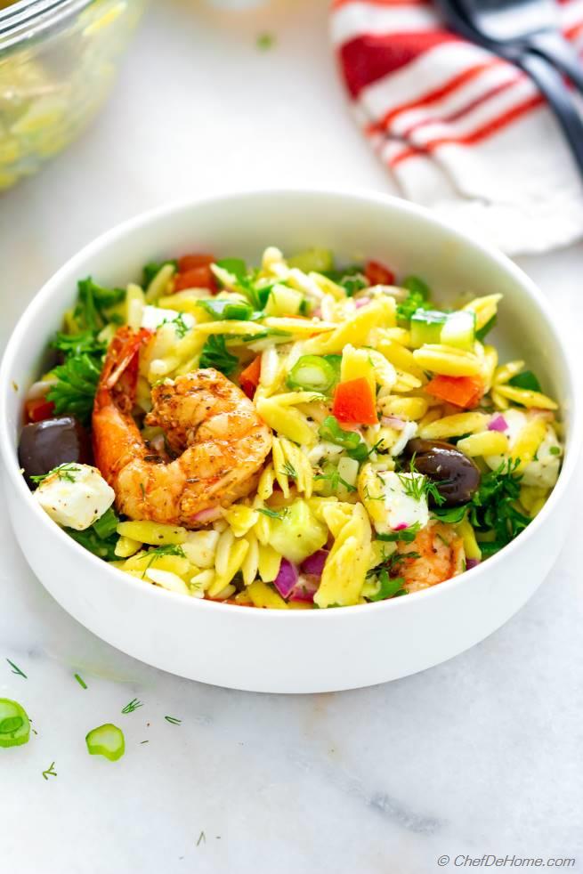Greek Orzo Pasta Salad with Grilled Shrimp Recipe | ChefDeHome.com