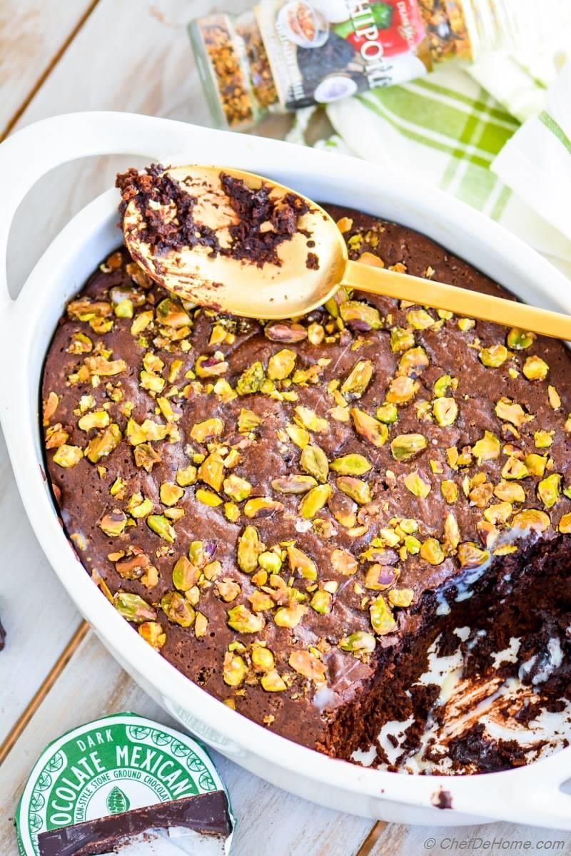Salted Pistachios Mexican Chocolate Pudding Cake Recipe | ChefDeHome.com