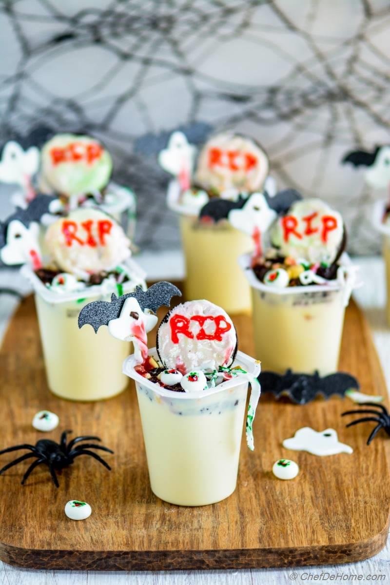 Witch House in Graveyard - Halloween Pudding Cups Recipe | ChefDeHome.com